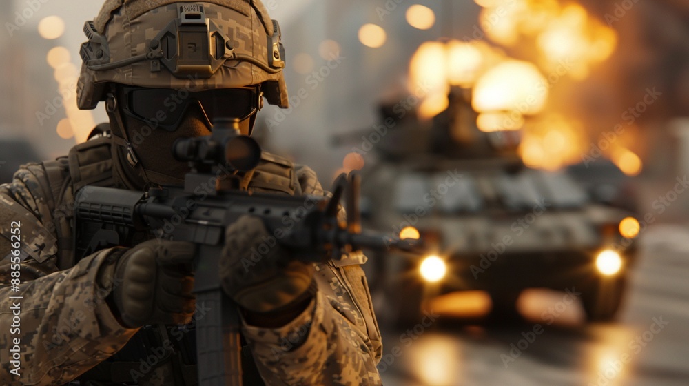 Modern fight with durable armored military units, in an intense urban ...