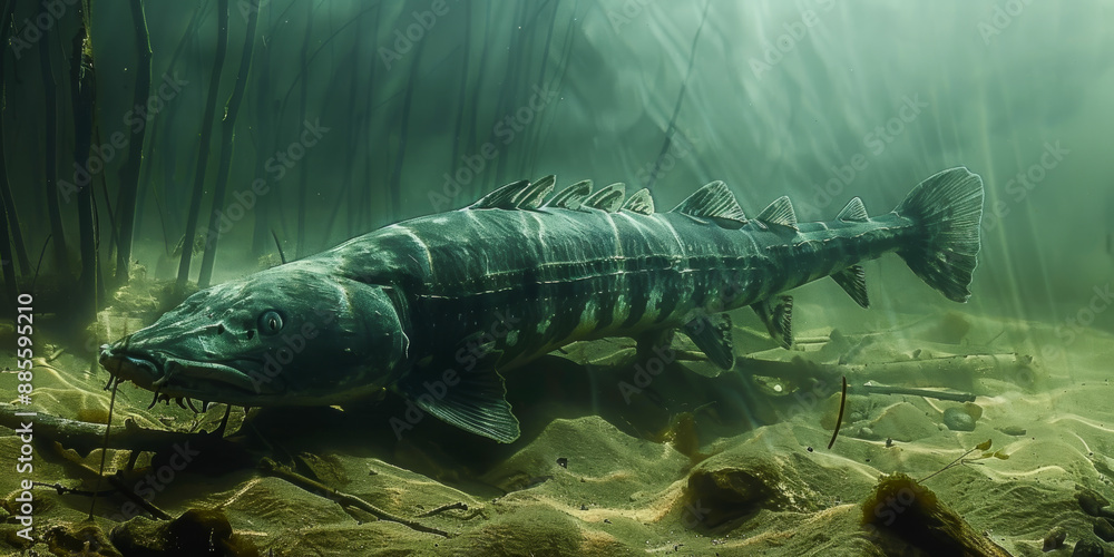 Underwater View of a Sturgeon Fish in Its Natural Habitat Amid Aquatic ...