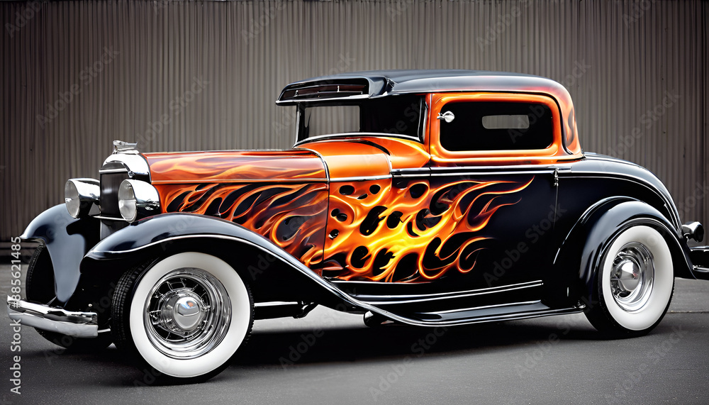 Vintage hot rod with custom flame paint job, captured in low key ...