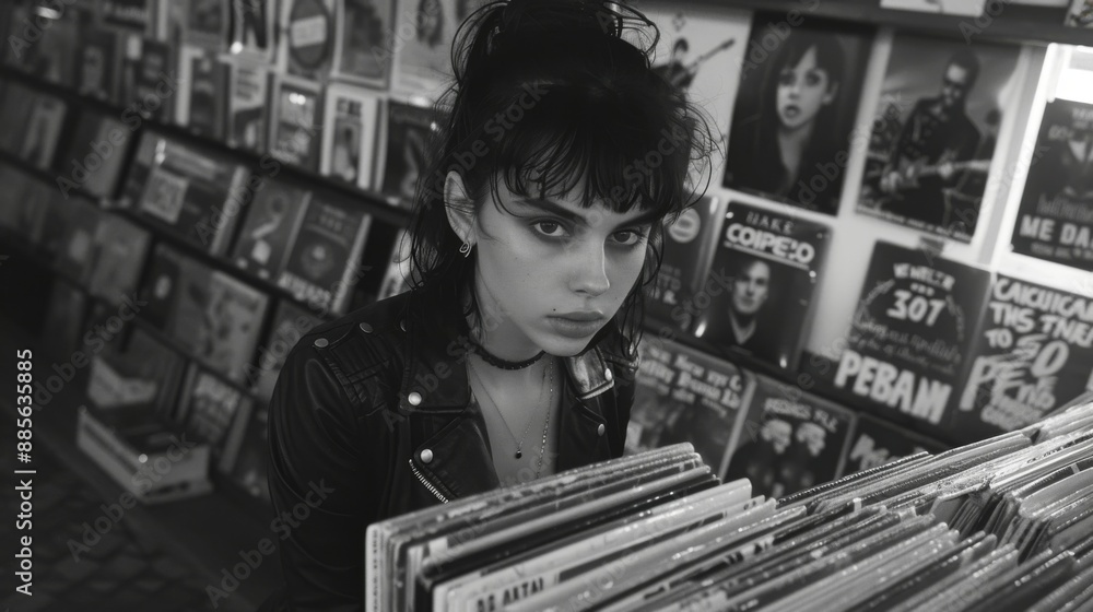 Punk, goth rock girl browsing through vinyl records in a punk music ...