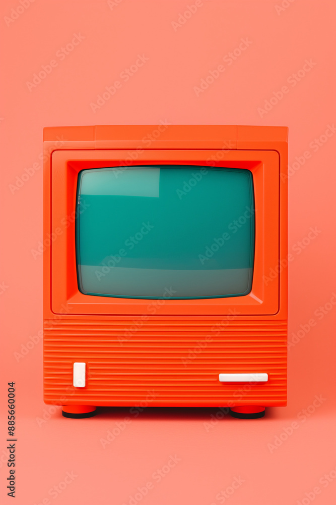 Orange vintage tv set with a blank screen stands against a colorful ...