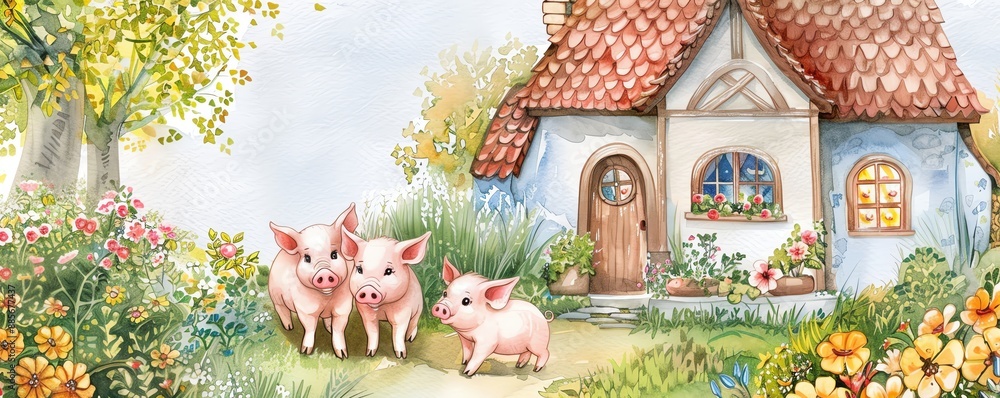 Water color adorable, Three little pigs saying goodbye to their mother ...
