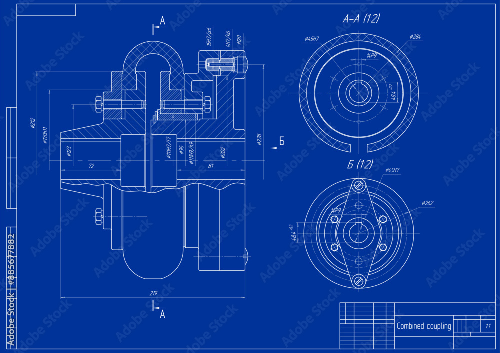 Assembly drawing of combined coupling. Vector cad scheme of steel ...