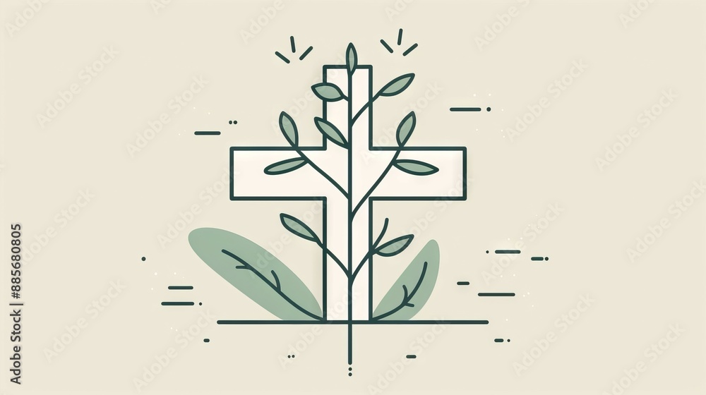 Cross with growing plant symbol. Minimalist illustration of a cross ...