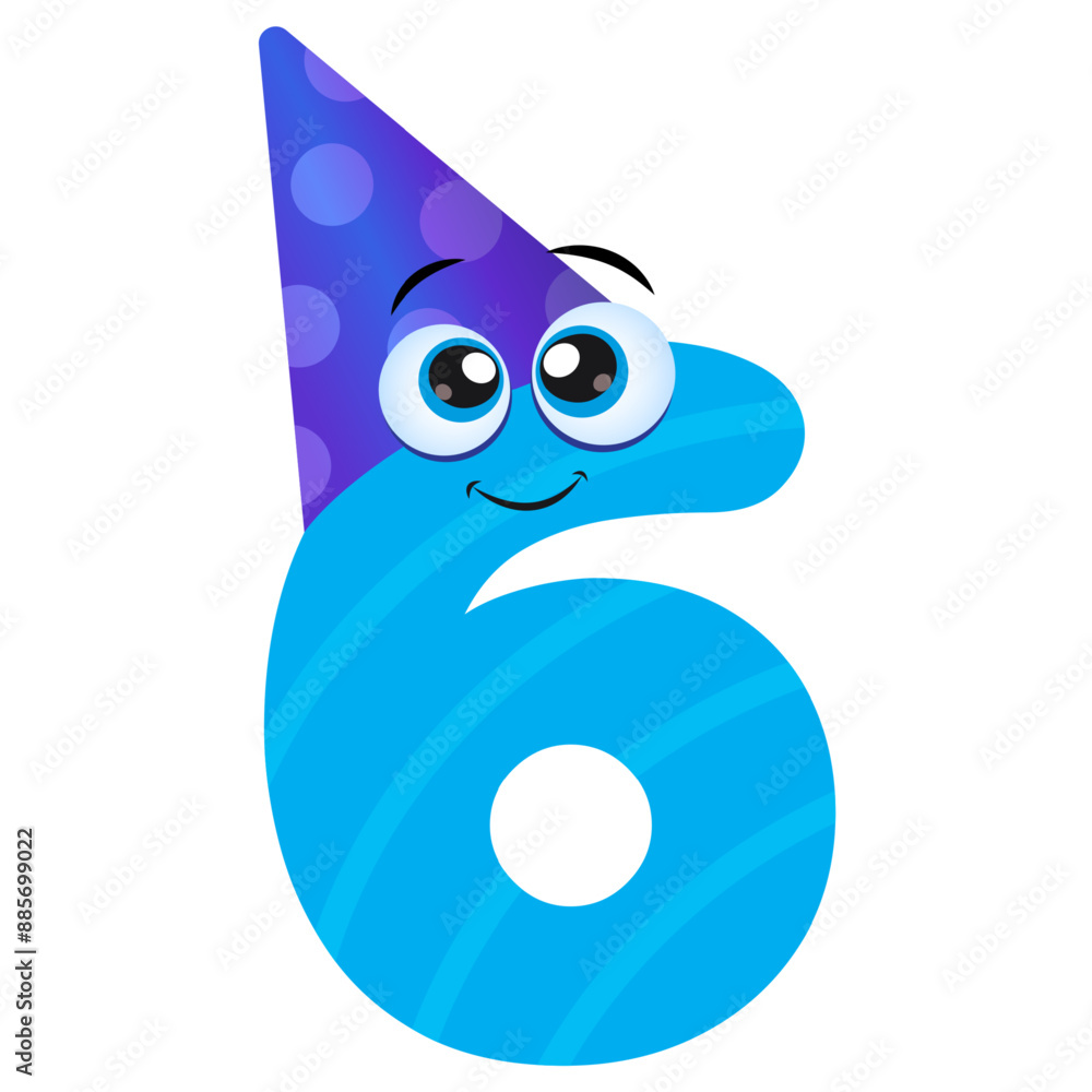 Sixth birthday party invitation with blue number six with funny eyes ...
