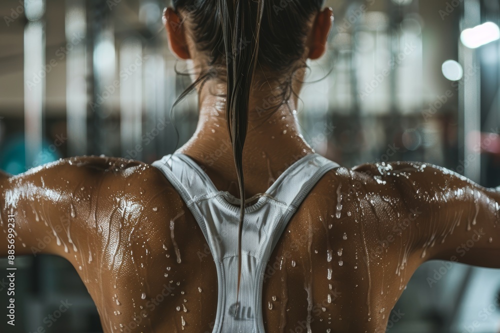 close-up of a woman's back as she flexes her muscles after working out ...