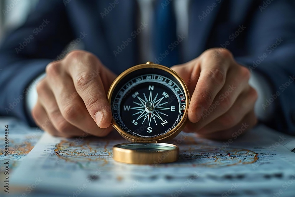 close-up photo of a young businessman holding a compass at his desk in ...
