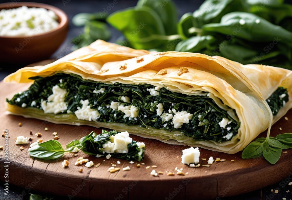 flaky spinach feta stuffed filo pastry delicacy, baked, crispy, golden ...