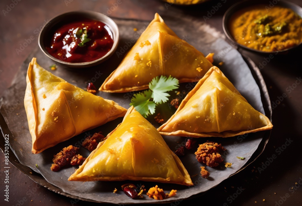 golden flaky samosas tangy tamarind indian street food delicacy, fried ...