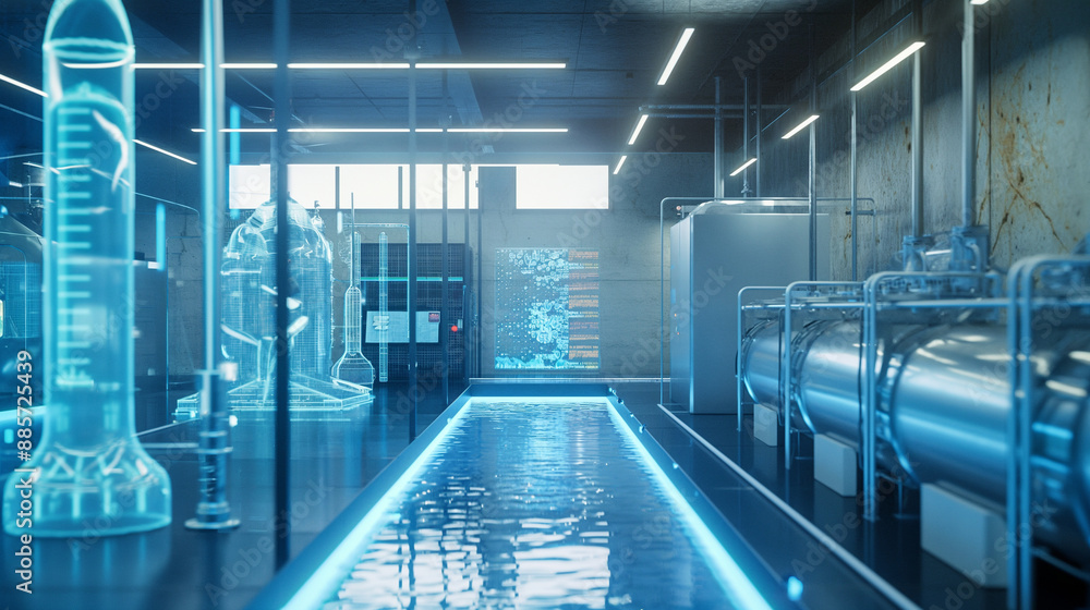A futuristic lab in a water treatment plant with holographic icons ...