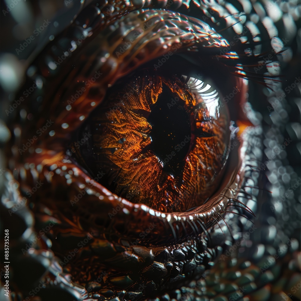 AI-generated majestic dinosaurs in a prehistoric landscape. Eye close ...