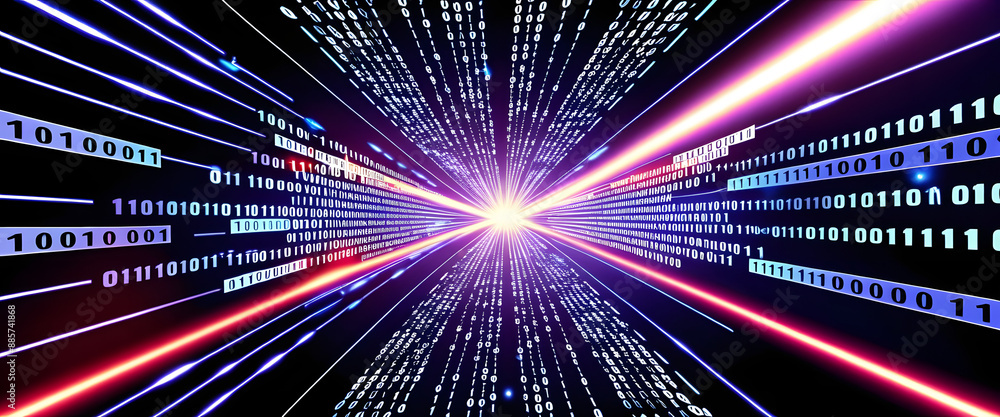 Abstract image blending binary code with high-tech elements like lasers and pulsating lights ...