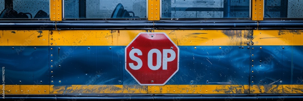 A stop sign positioned on the side of a school bus, a vital safety ...