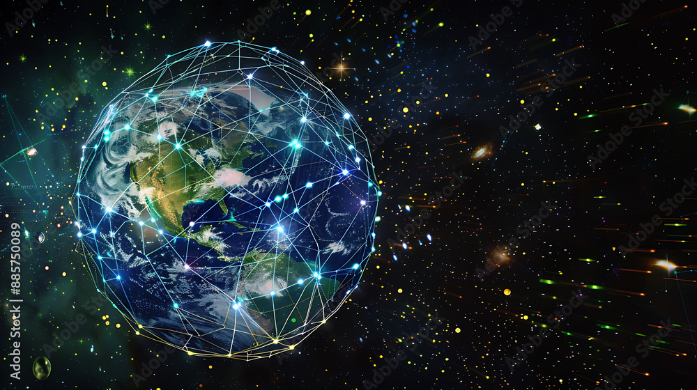 a stylized representation of Earth overlaid with a network grid ...