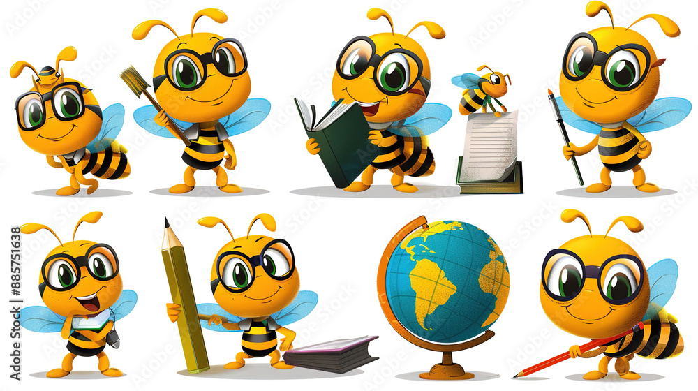 Cartoon cute bee character with glasses back to school series with ...
