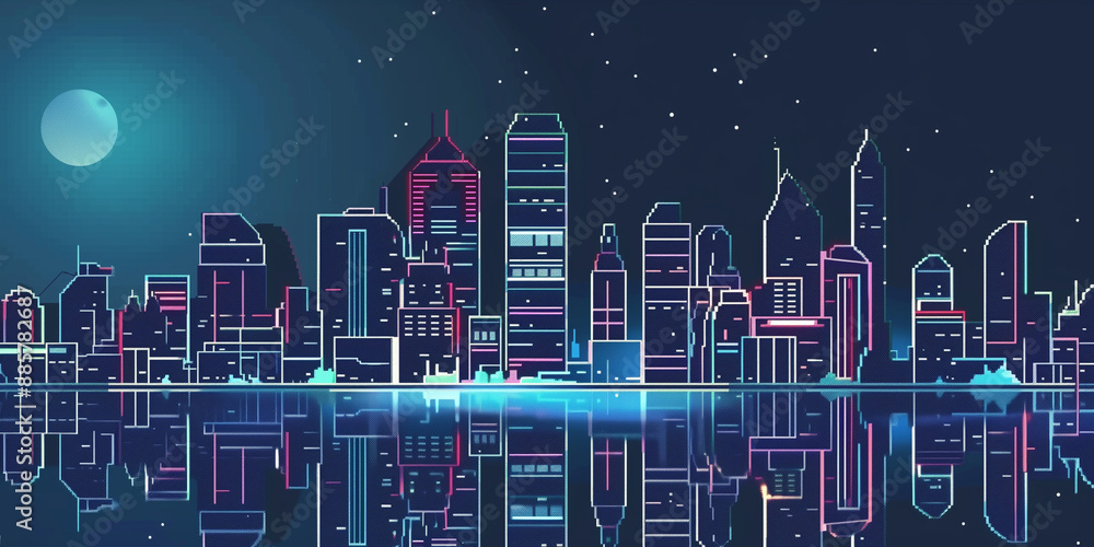 Pixel art retro wave. panorama of big city. wide banner. Space for text ...