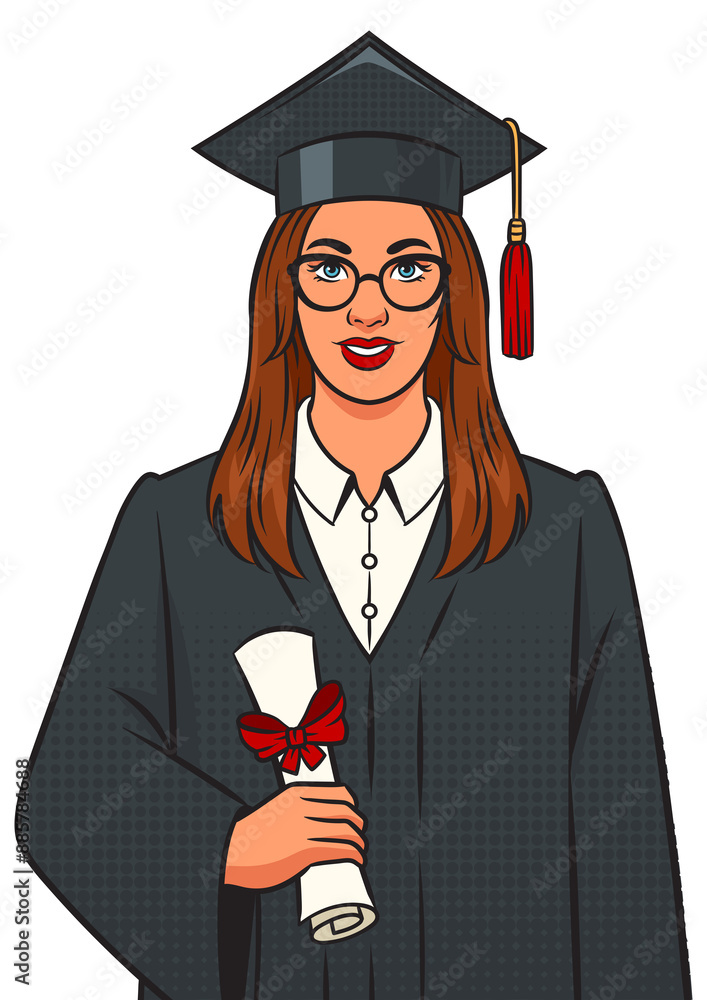 student girl woman graduated with student hat and diploma pop art retro ...