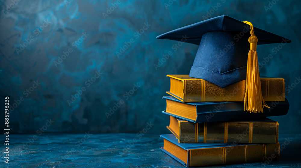 Graduation cap on the stack of blue and golden yellow books isolated in ...