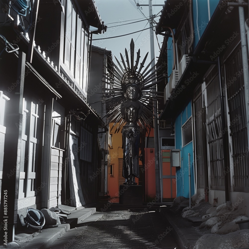 Realistic outdoor infrared daytime photo of a tall strange statue with ...