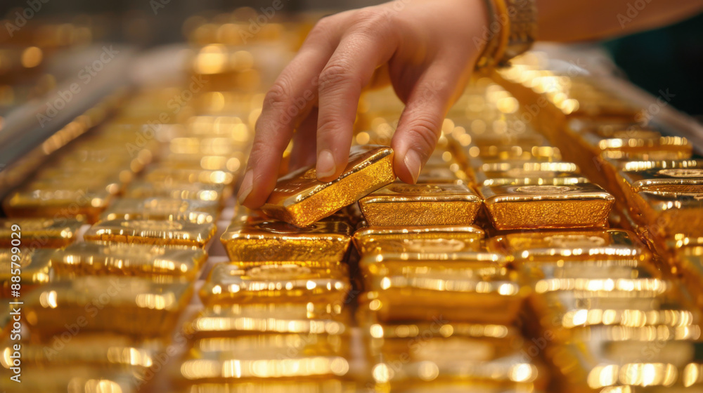 Foto de Stock Close-up of a hand selecting a shiny gold bar from a large collection of stacked ...