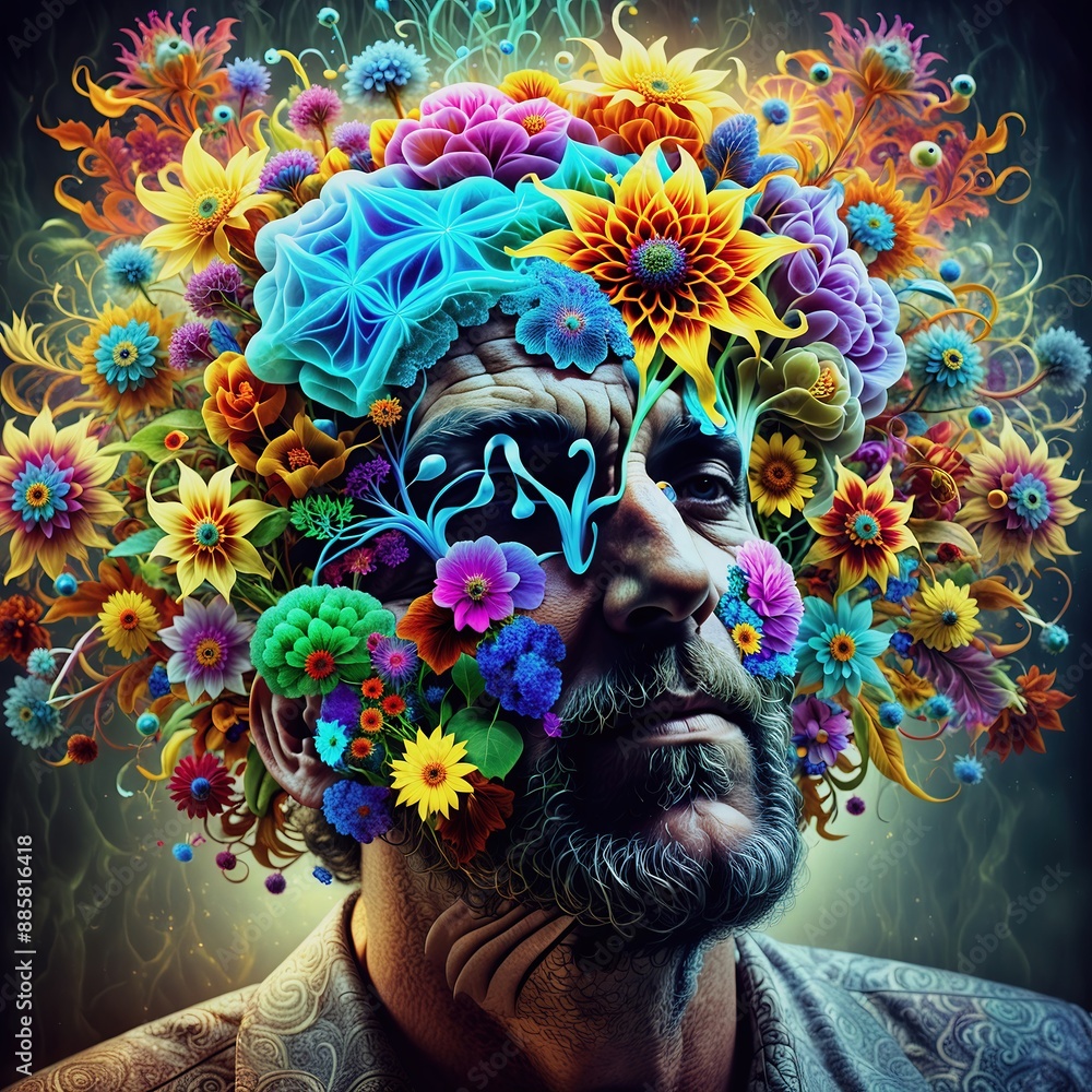 Imagen de un rostro de un hombre, lleno de colores, y alusiones ...