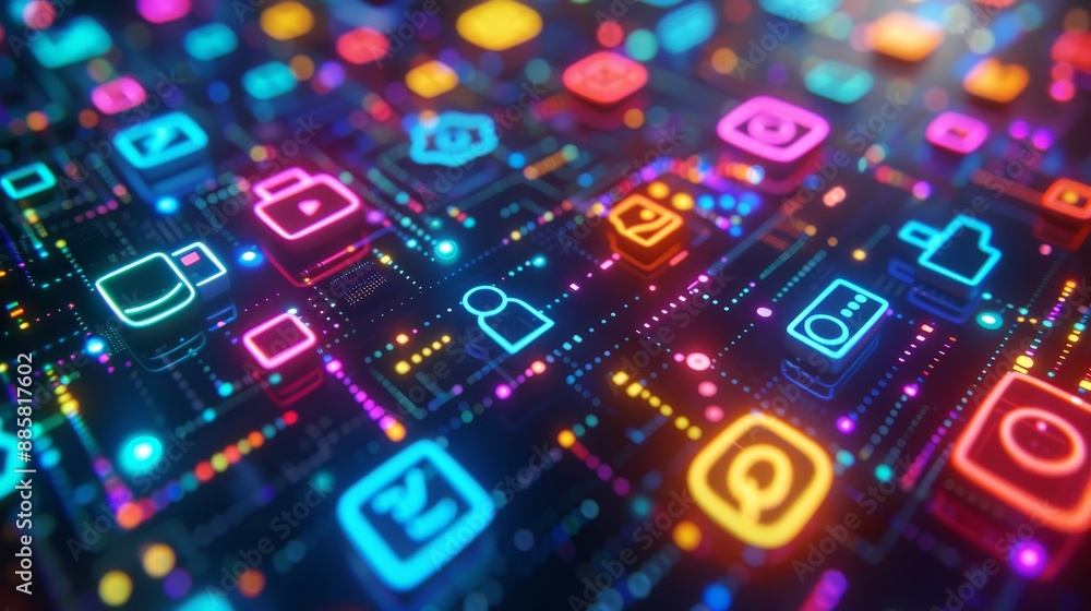 Neon Social Media Explosion Dynamic 3D Icons Bursting from Screen in ...