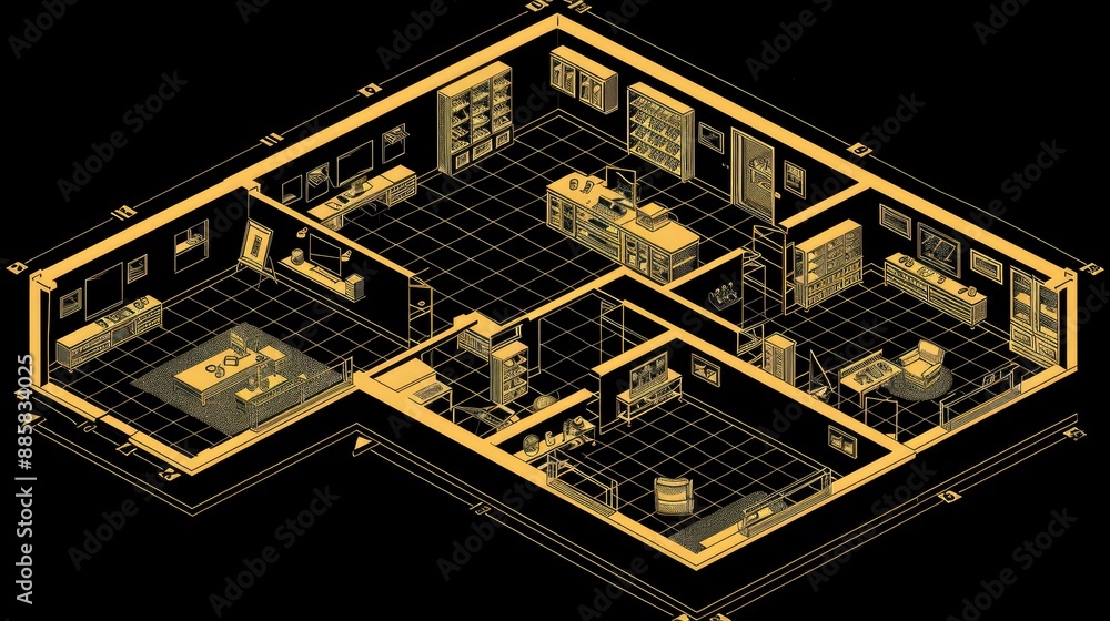 Isometric floor plan of a luxury jewelry boutique, black background ...