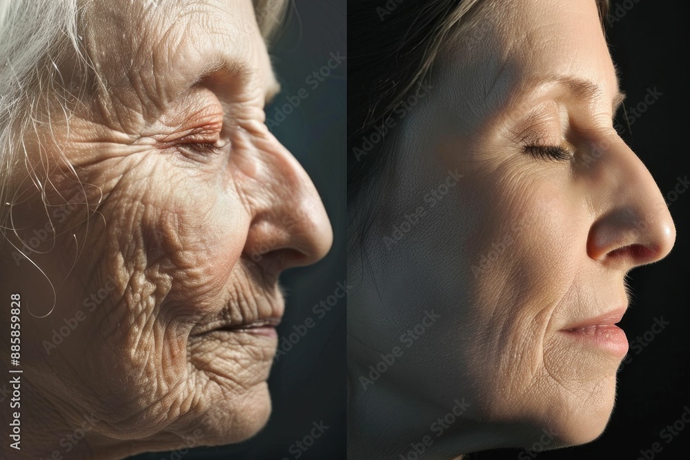 Comparison of two images of an older woman's face showing aging process ...