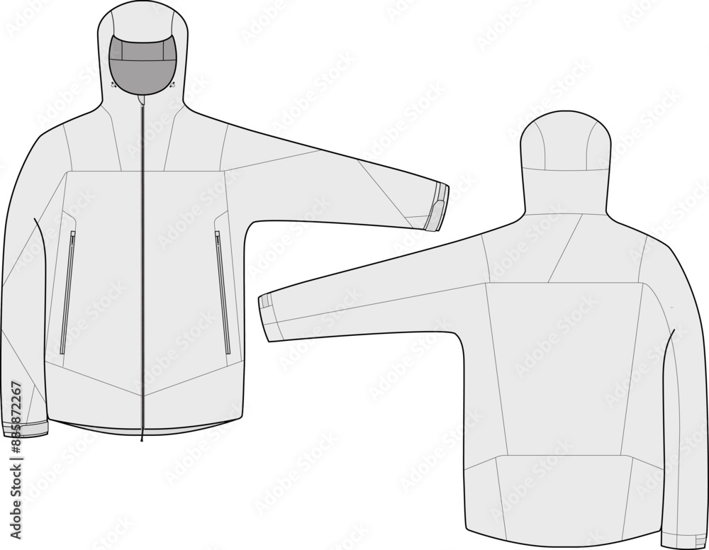 Hooded Hard Shell Ski Jacket Design Vector CAD Template fashion illustration front and back ...