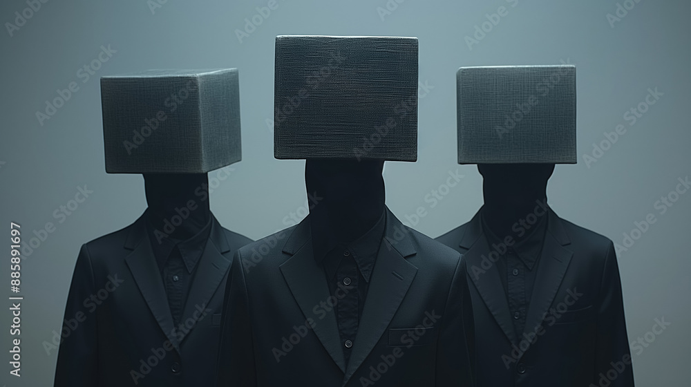 Three figures in black suits with boxy heads, standing against a ...