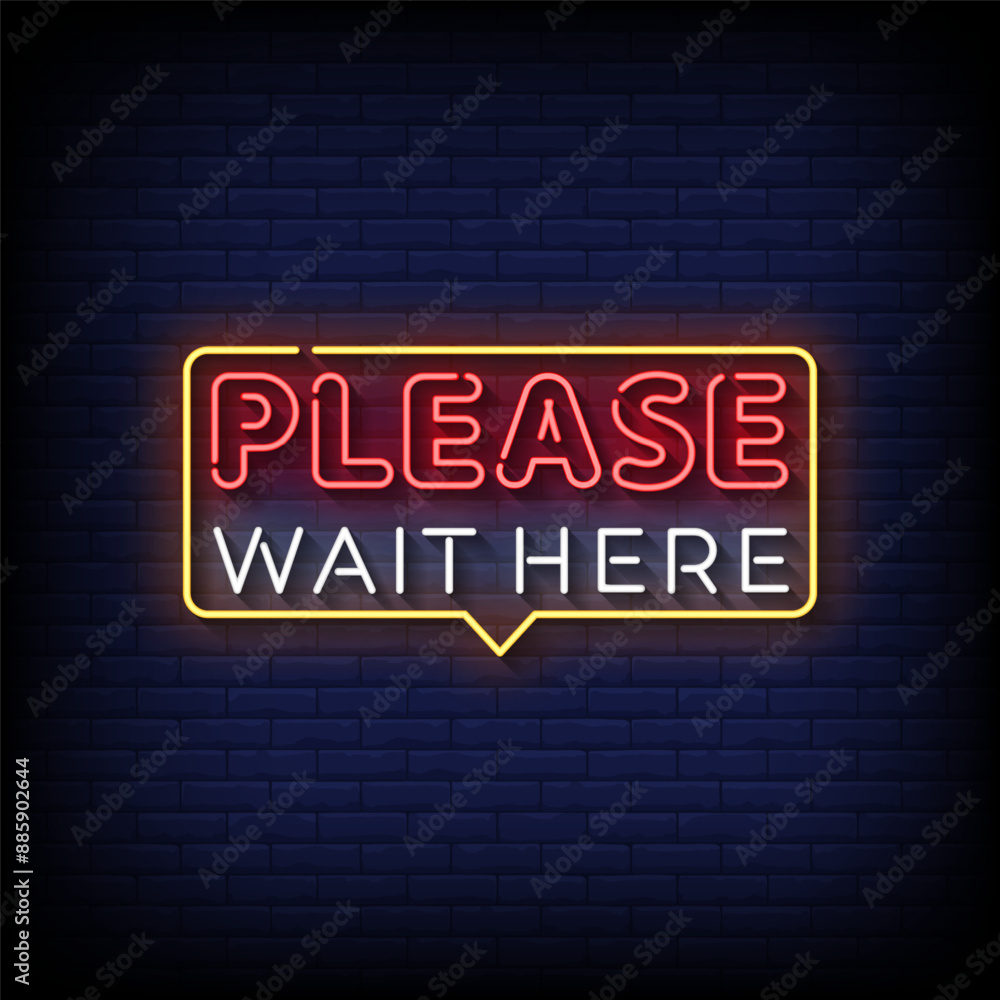 please wait here neon sign vector with brick wall background Stock ...
