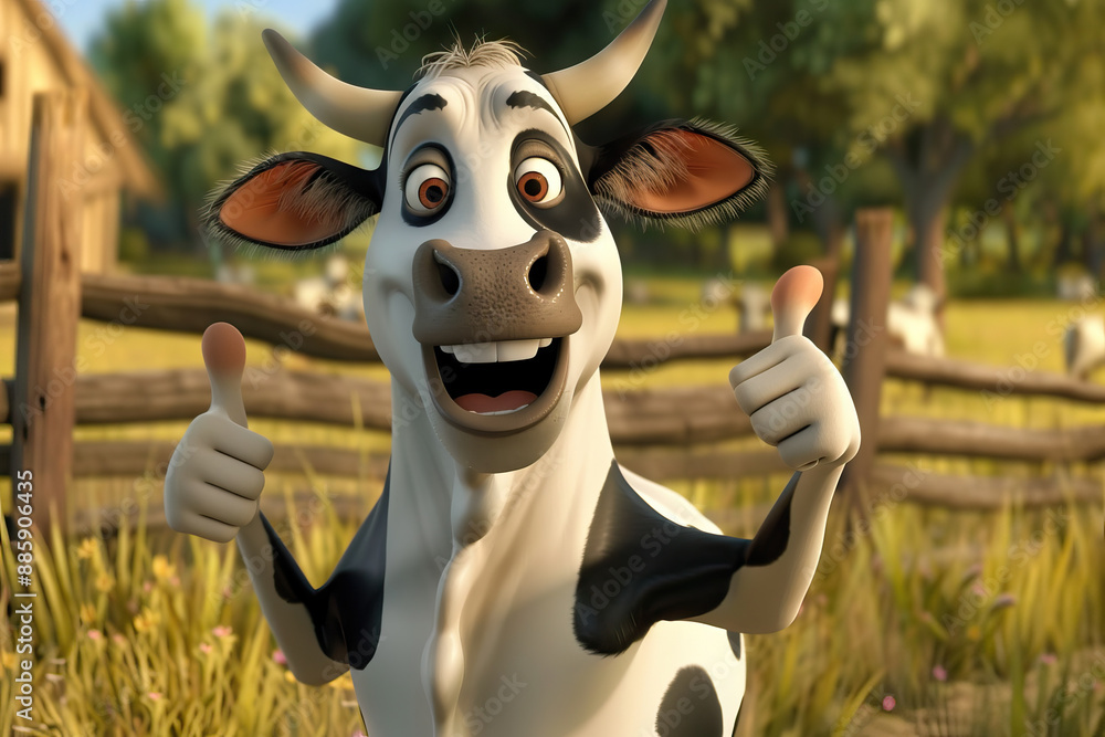Cheerful animated cow character giving a thumbs up in a sunny farm ...