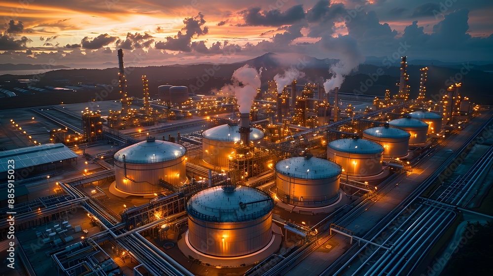 Oil and gas refinery plant with large storage tanks and a demand price ...