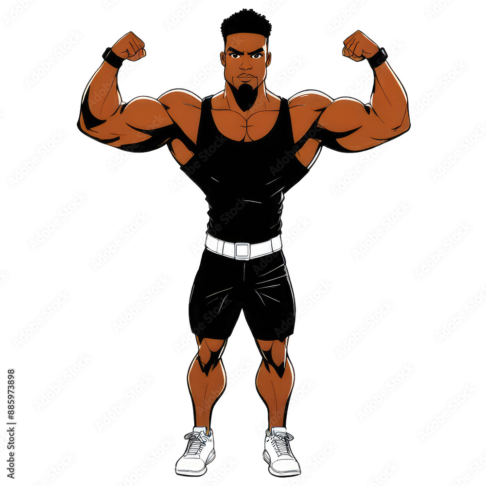 Strong Man Flexing Cartoon PNG, Black Man Bodybuilder Character ...