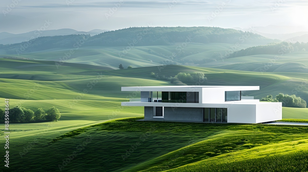Modern Farmhouse Blueprint with a 3D Model Amidst Rolling Green Hills ...