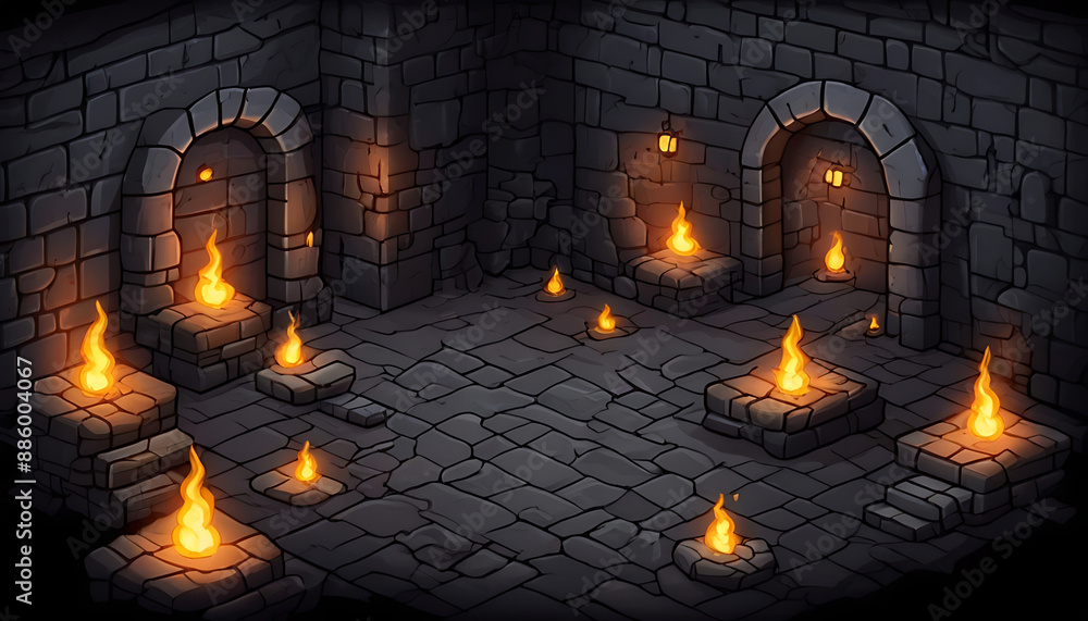 Illustration of a pixel art dungeon background with stone walls ...