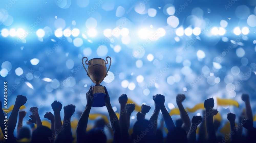 Silhouetted crowd celebrating a victory, with a trophy held high under ...