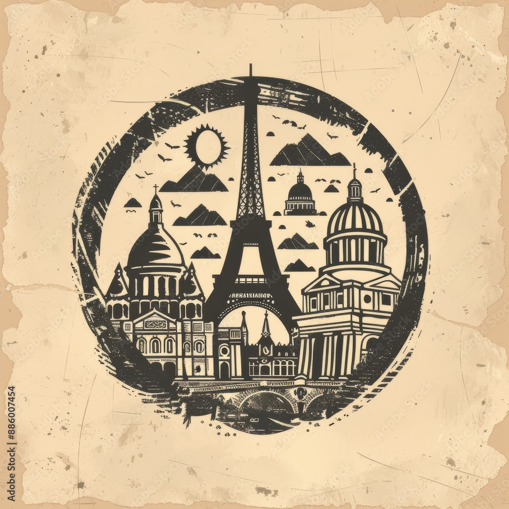 Iconic French Landmarks in Linocut Inspired Circle for T Shirt Print ...