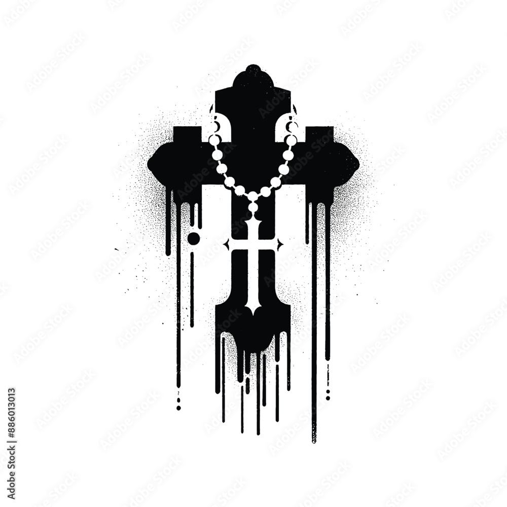 cross with rosary in graffiti stencil with simple paint dripping Stock ...