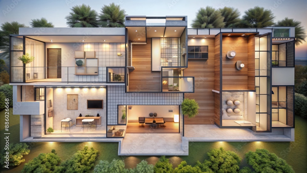 Modern minimalist luxury house architectural floor plan with sleek ...