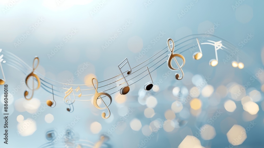 Vibrant swirling musical notes and colorful sound waves floating in a ...