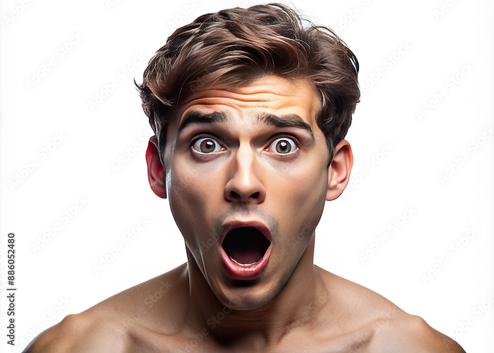 Fearful young man with chiseled features and wide open mouth in shock ...