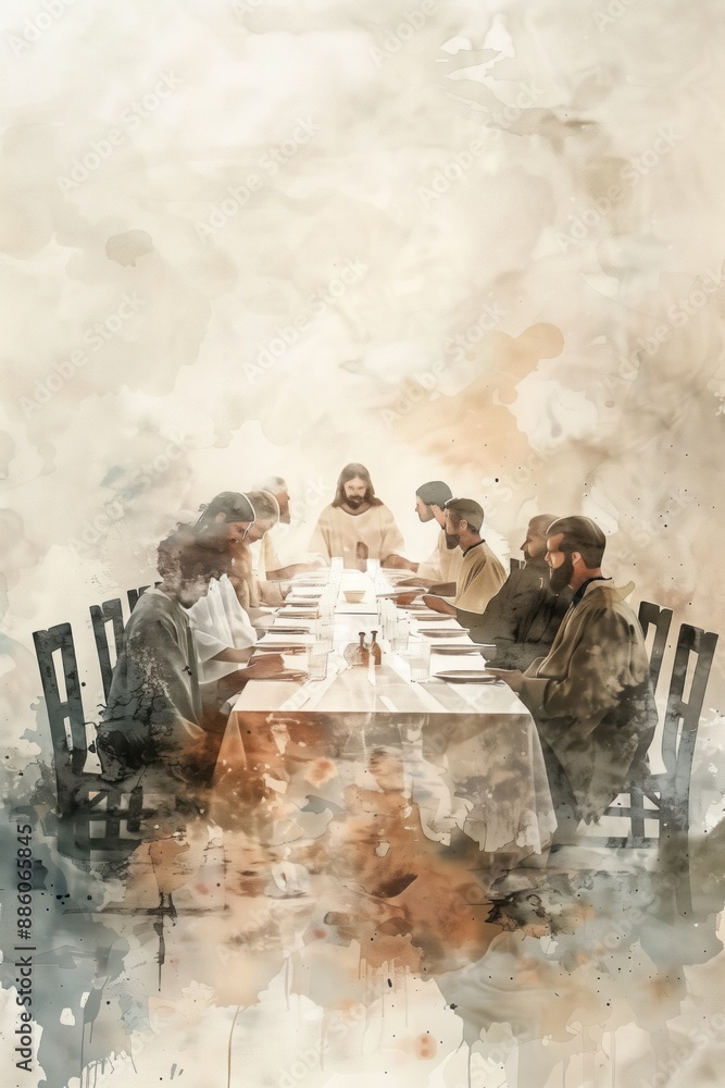 Group of people sit around rectangular table with white tablecloth and ...