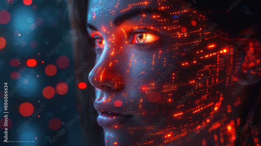 Portrait of a cybernetic avatar with neon-lit circuits, integrated ...