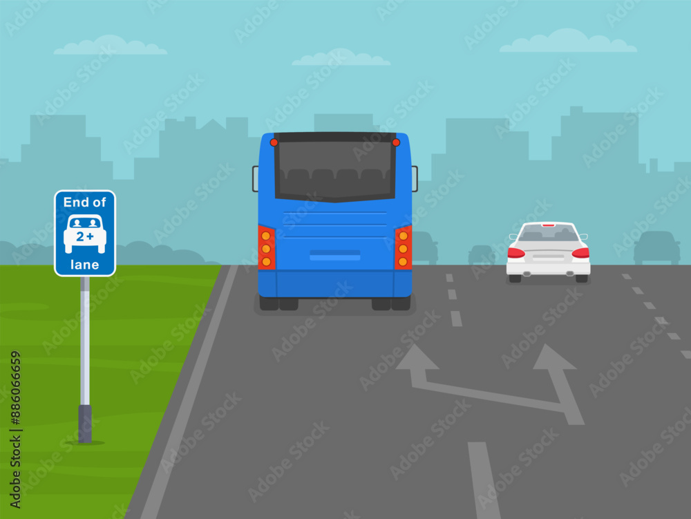 Safe driving tips and traffic regulation rules. Back view of a bus on ...
