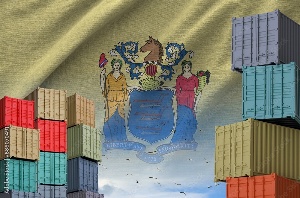 New Jersey US state flag and big stack of shipping cargo containers in ...