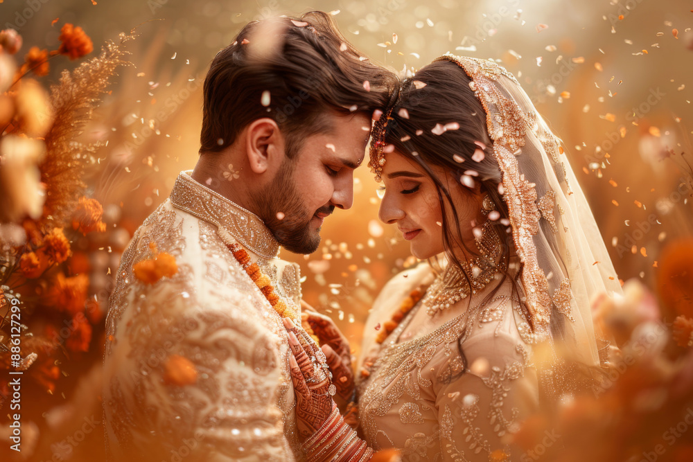 Indian ethnic Bride and Groom wearing traditional costumes and ...
