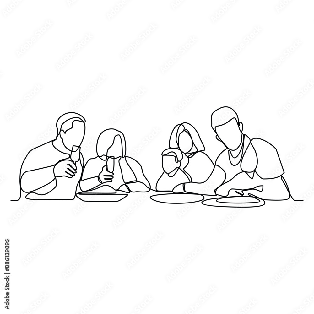 One continuous line drawing of family dining activities vector ...