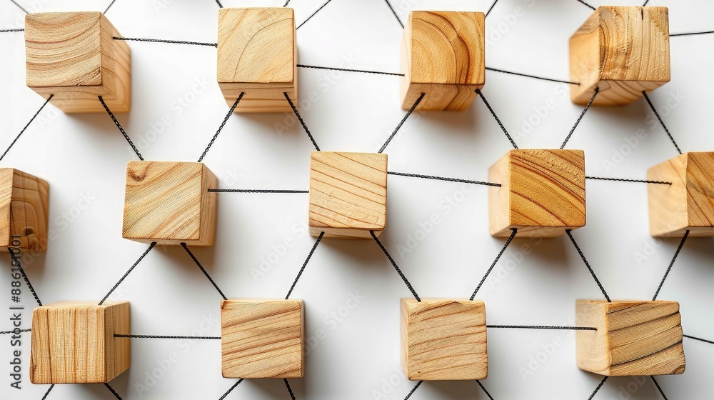 Wooden blocks with a network graph on a white background, depicting ...