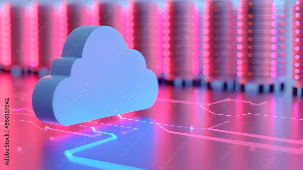 3D illustration of a blue cloud icon in front of a server room ...